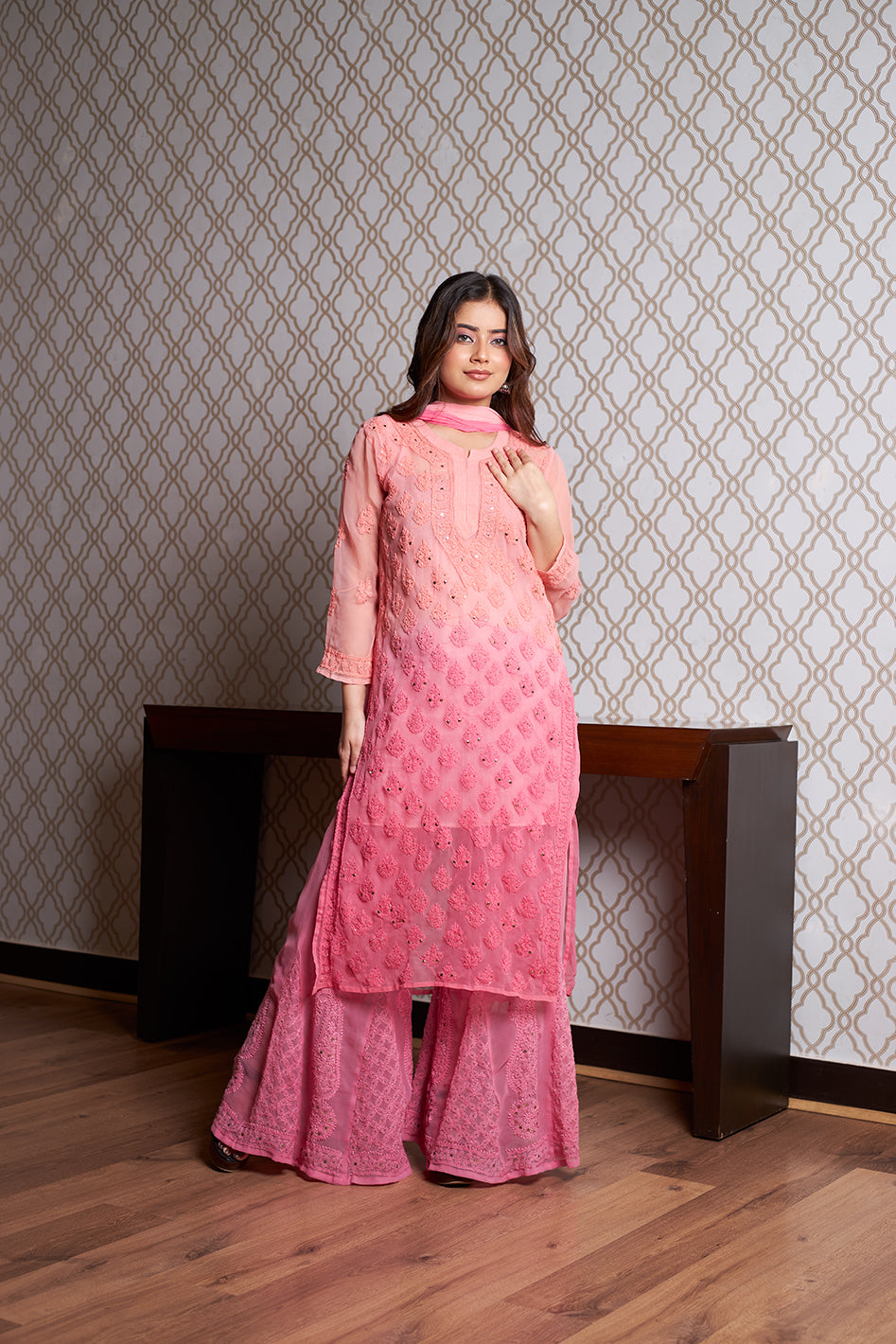 Buy Best LCS Peach Pink Mukaish Lucknowi Chikan Set Online In India ...